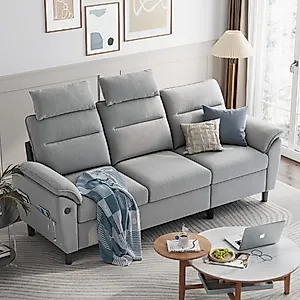 Sectional Sofa Couch, 3 Seat Small Couch with 2 USB Ports and Storage Pockets, Easy to Clean, Modern Small Sofa for Small Spaces, Living Room, Apartment, Gray