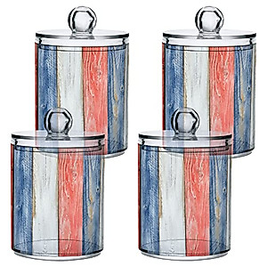 Qtip Holder Dispenser Patriotic Wooden Boards Plastic Apothecary Jar Containers for Vanity Makeup Organizer Storage Bathroom Organizer