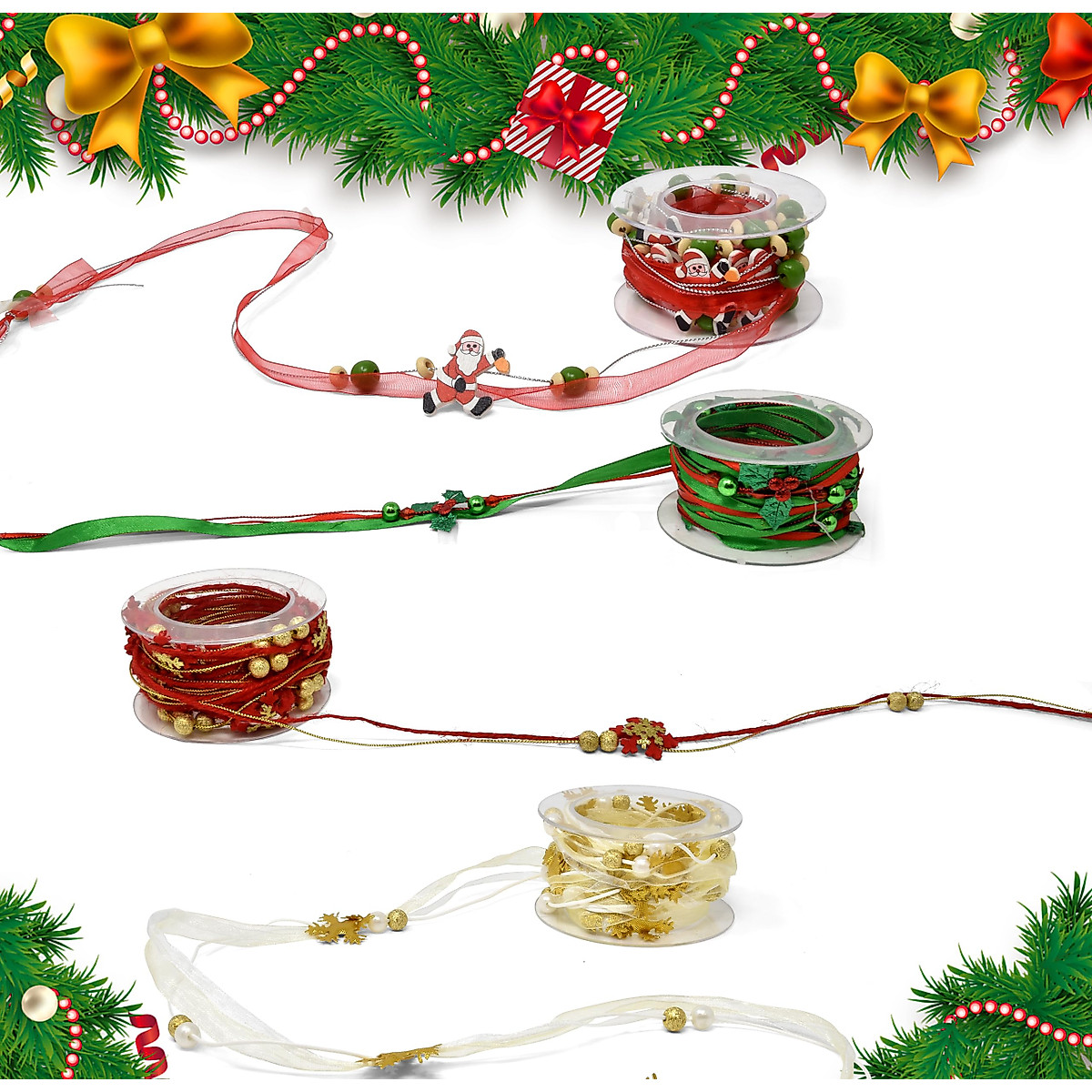 Gift Boutique 4 Xmas Beads Ribbon Rolls Xmas Tree Trim Rope 16.5 Feet Pearl String Bead Ribbon 66 Feet Total for Garland Bow Wreath Gift Wrapping & Packaging Crafts Ornament Wedding Party Craft Décor