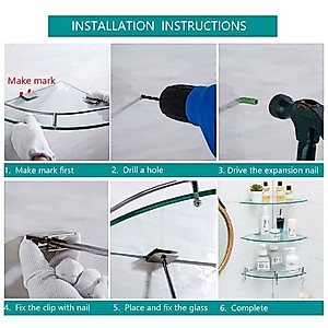 HouseMila Glass Shower Shelves 3 Tier Glass Corner Shelf with 3 Hangers, Corner Shelf for Shower Organizer with Rail Drill Hole Glass Shelves for Bathroom