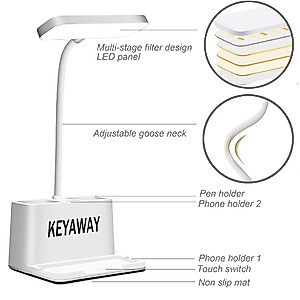 LED Desk Lamp with Pen & Phone holder, USB Rechargeable Book Reading Light,Eye-Caring Study Lamp for Kids, Touch Table Lamp with Flexible Gooseneck for Home,Office,3 Color Modes & Stepless Dimming
