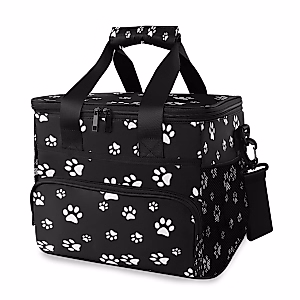 AUUXVA Cooler Bag Large Camping Cooler Tote White Puppy Paw Print Black Lunch Cooler Bag Insulated Waterproof Lunch Box for Picnic Beach Travel, Reusable Leakproof