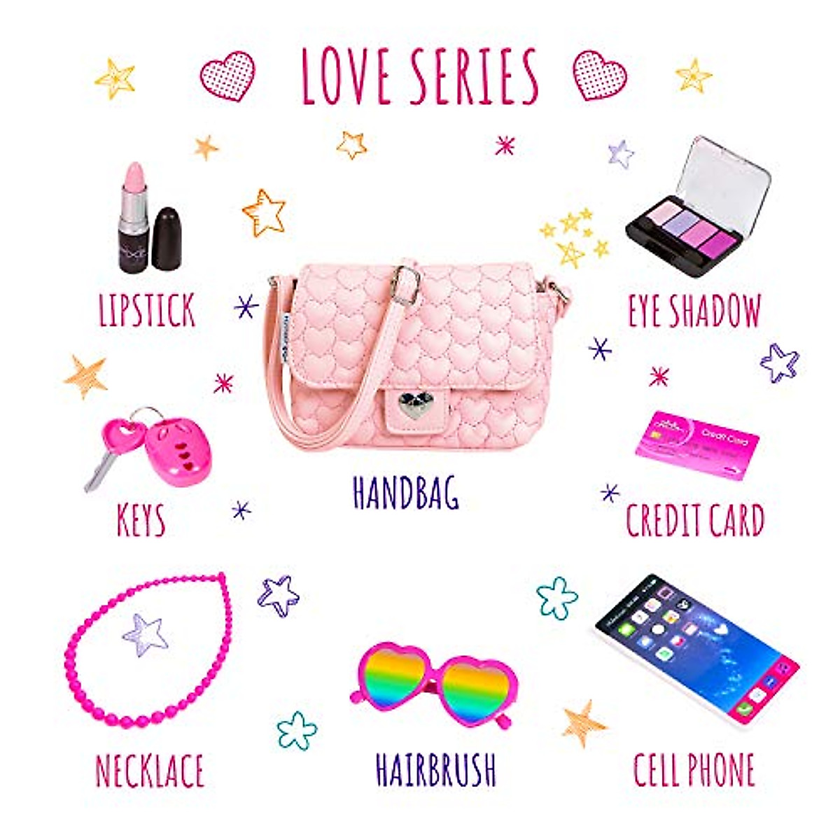 PixieCrush Pretend Play Purse & Makeup for Girls - Fun Little Girls Purse with Cosmetics Toys Set - Pretend Makeup, Eyeshadow, Cell Phone, Kids Lipstick, Sunglasses & Keys