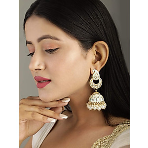 Priyaasi Mint Green Ethnic Indian Jhumka Earring for Women | Trendy Paisley Chandbali Design | Kundan-Studded | Pearl Drop| Plating of Gold | Earrings for Women with Pushback Closure