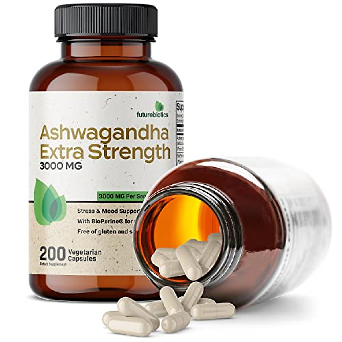 Futurebiotics Ashwagandha Capsules Extra Strength 3000mg - Stress Relief Formula, Natural Mood Support, Stress, Focus, and Energy Support Supplement, 200 Capsules