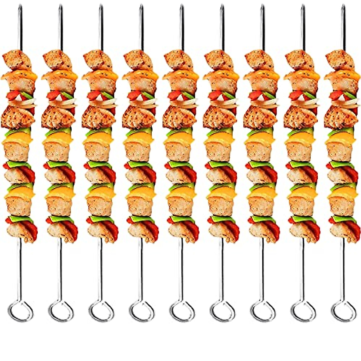 Metal skewers for grilling，skewers for kabobs，stainless steel skewers 14” Flat Shish Kabob Skewers with Ring Handles ，metal skewers ,Reusable BBQ Sticks - 10 Pack with Storage Bag