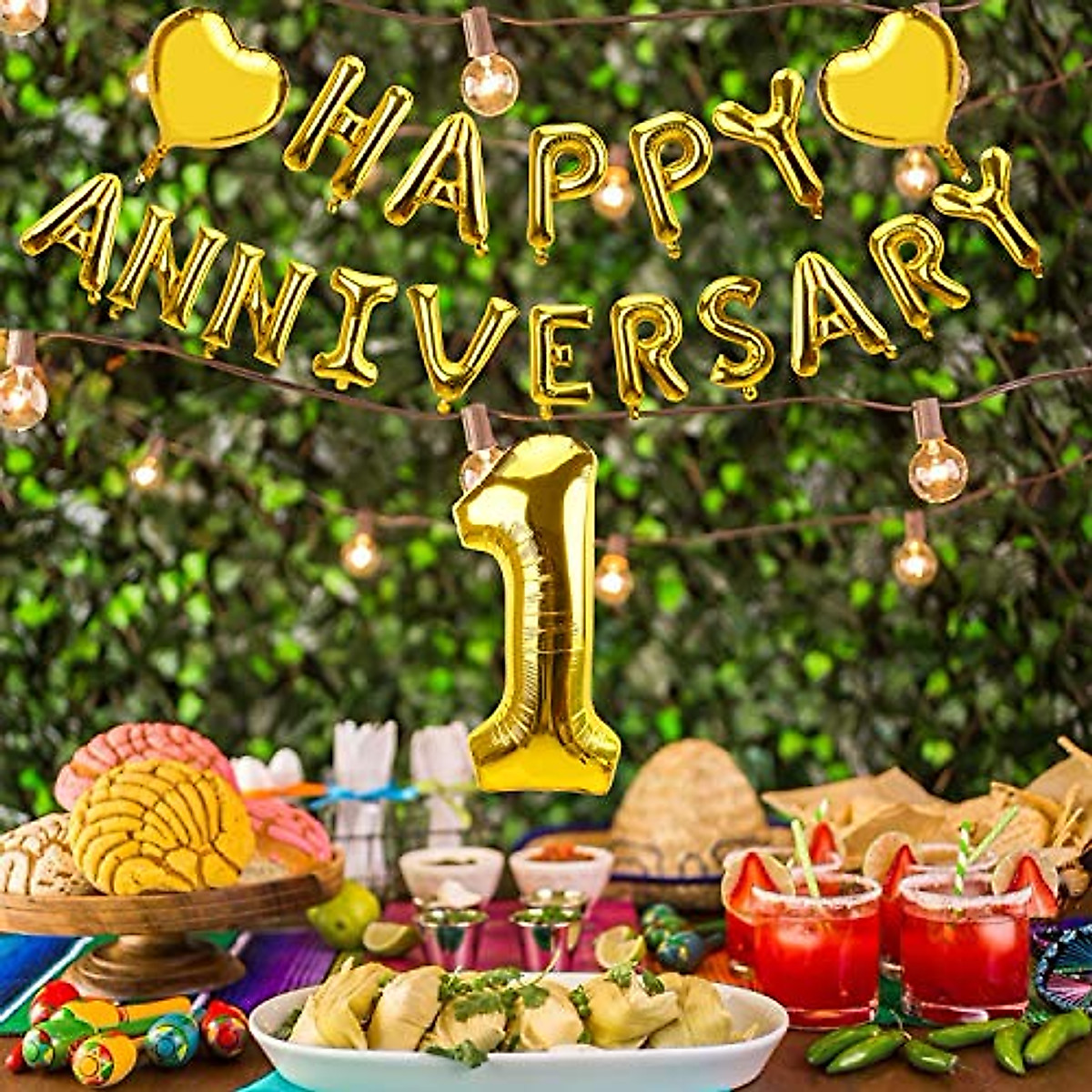 Yoaokiy 1 Year Anniversary Balloon Decorations, Happy 1st Anniversary Party Supplies - Gold Glitter 1 Year Anniversary Balloon Banner with 2 Heart Foil, 1st Wedding Anniversary Supplies Decorations