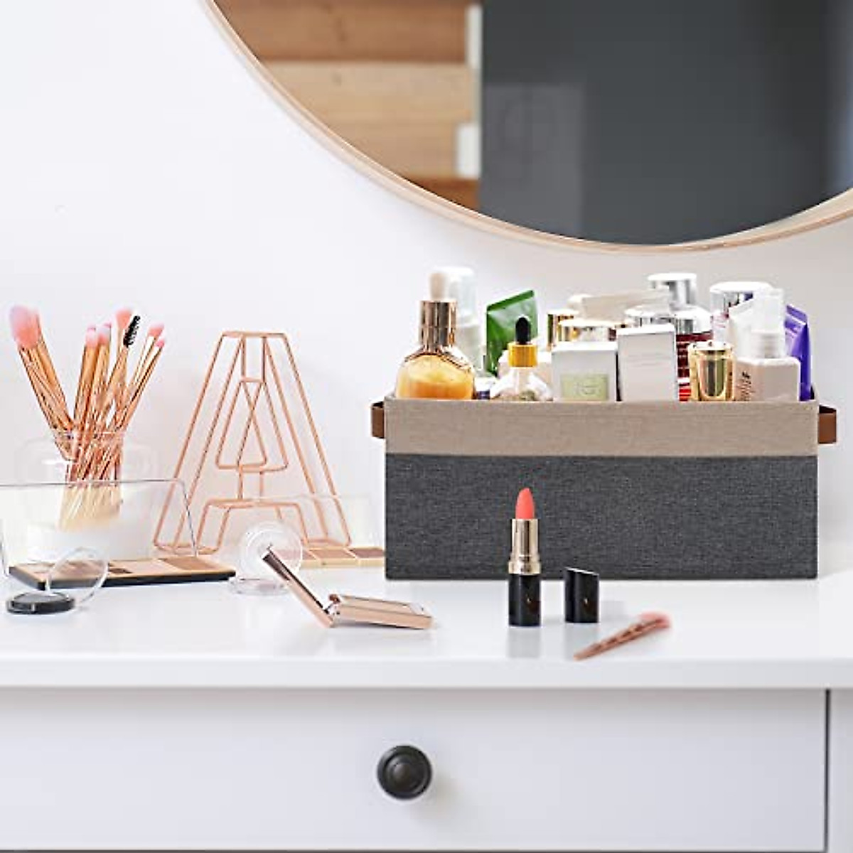 GhvyenntteS Storage Baskets for Organizing, Fabric Storage Bins with Leather Handles, Foldable Rectangular Storage Baskets for Shelves, Closets, Home, Office, Empty Gift Baskets (Black/White & Grey/Be