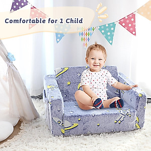DILIMI Kids Couch, 2-in-1 Toddler Couch Sofa with Blanket, Comfy Toddler Chair Kids Sofa for Boys Girls, Convertible Sofa Bed to Lounger, Glow in The Dark 1 Seat, Astronaut