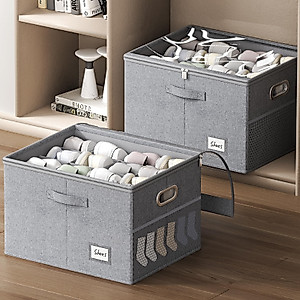 2 Pack Shoe Organizer for Closet Large Shoe Box Storage Containers with Clear Window Space Saving Shoe Bin with Foldable Bottom Support Adjustable Dividers Fits 32 Pairs (Grey, (19.7x15.7x13inch) x2)
