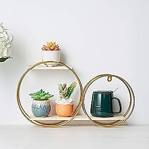 BalsaCircle Backdrop Stand Gold Natural 2 Tier Round Metal Wood Geometric Floating Shelf Party Wedding Reception Decorations Supplies, Natural and Gold, 18