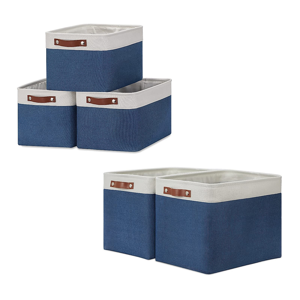 DULLEMELO Collapsible Bundle Baskets 3 Medium Baskets 15"x11"x9.5" + 2 Large Baskets 16"x12"x12"（White&Blue)