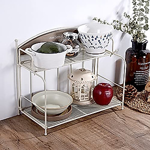 Funly mee 2 Tier Kitchen Countertop Spice Rack, Bathroom Metal and Wood Foldable Shelf Organizer (Rustic White)