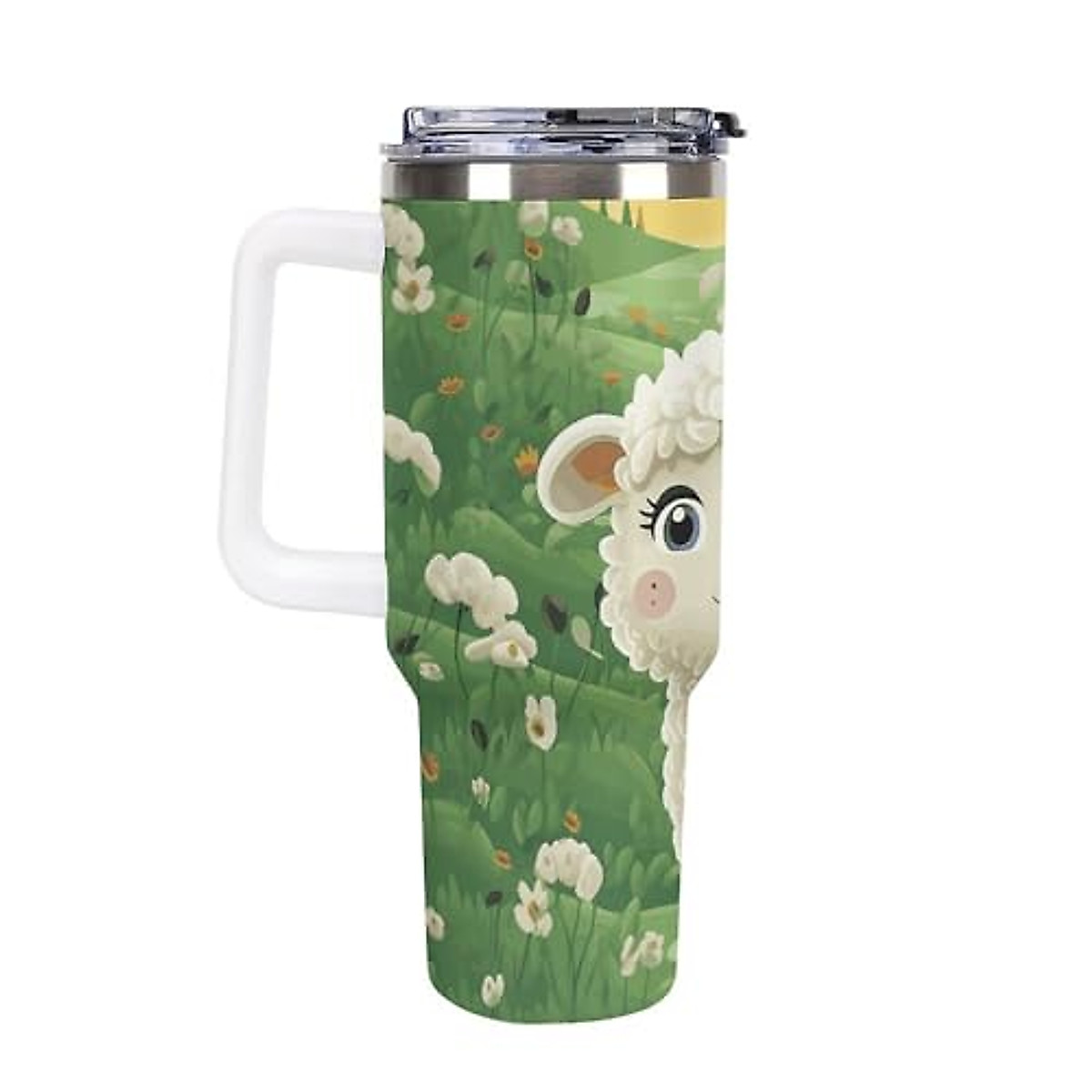 LLUTSNTH 40 Oz Vacuum Tumbler with White Handle Leakproof Insulated Tumbler Cute Cartoon Sheep Stainless Steel Travel Mug with Lid And Straw Coffee Cup Cute Water Bottles Cup Holder Friendly