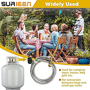 SURIEEN QCC1/Type1 Inlet Propane Refill Adapter Hose, 48" Stainless Braided Extension Propane Refill Hose with Gauge and ON/Off Control Valve for 1LB Propane Gas Tank 350PSI High Pressure Camping