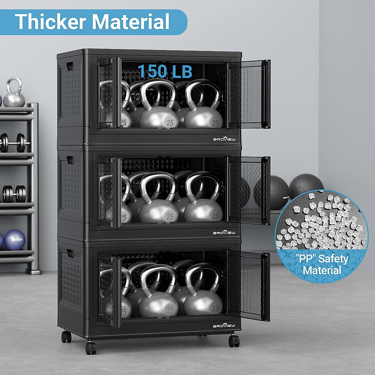 BROVIEW 320Qt Stackable Storage Bins with Lids, 80Gal Plastic Collapsible Storage Bins with Doors and Wheels, Closet Organizers and Storage, Black Folding Storage Cabinet for Home Garage, 4 Pack Cube