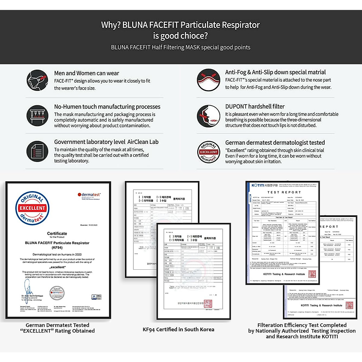 [10 Pack] :: Authentic :: BLUNA [Kids/Small] KF94 Facefit Ergonomic 3D Adjustable Strap Korean Face Mask, White [Made in Korea][Individual Package] for Small Kids Children