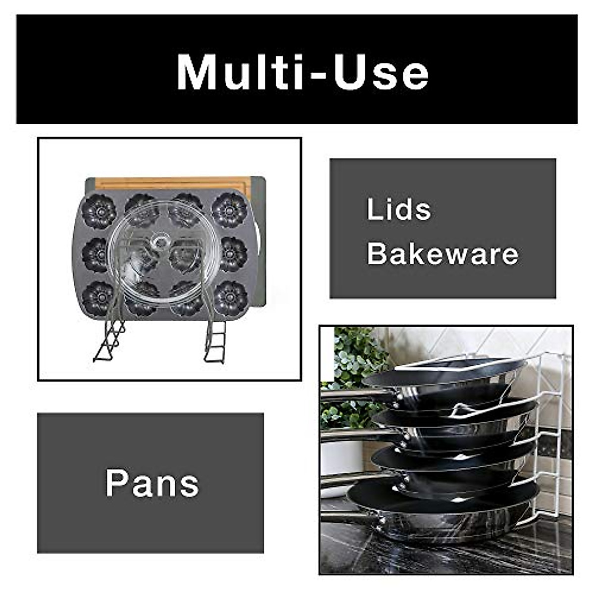 Smart Design Bakeware and Lid Storage Rack with 4 Compartment Dividers - Steel Metal Frame - Rust Resistant Finish - Cooking and Baking Pantry Organization - Kitchen 10 x 8 Inch - Charcoal Gray