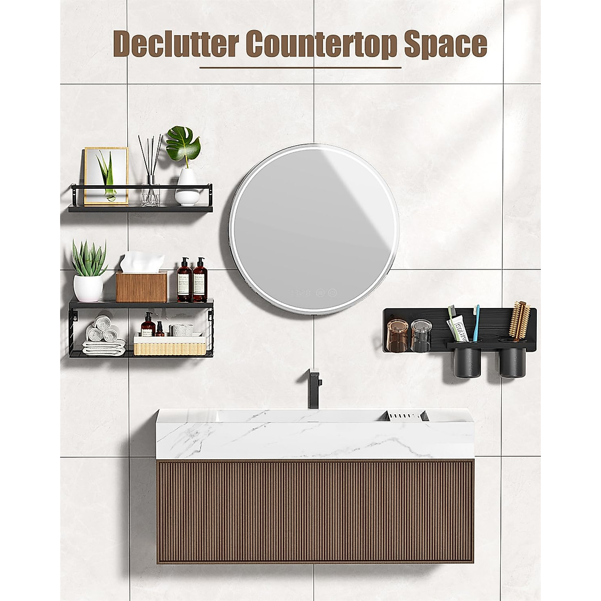 ROPALINS Bathroom Shelves Over Toilet - Floating Shelves Wall Mounted with Storage Basket for Bathroom Decor, Bedroom, Living Room, Kitchen Black