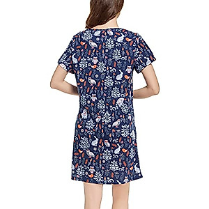 Tugege Women's Nightgown Short Sleeve Sleepshirts House Dress Sleepwear Casual Print Pajama (Navy&Owl, Large)