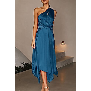 PRETTYGARDEN Women's Summer Long Satin Dress One Shoulder Sleeveless Ruched Twist Flowy Maxi Dresses (Lake Blue,Small)