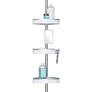 Better Living Making Life A Little Easier HiRISE 4 Corner Standing Shower Caddy 9 Foot Tension Pole Rust Proof Aluminum Shower Organizer with Adjustable Baskets and Bonus Fog Resistant Mirror, White