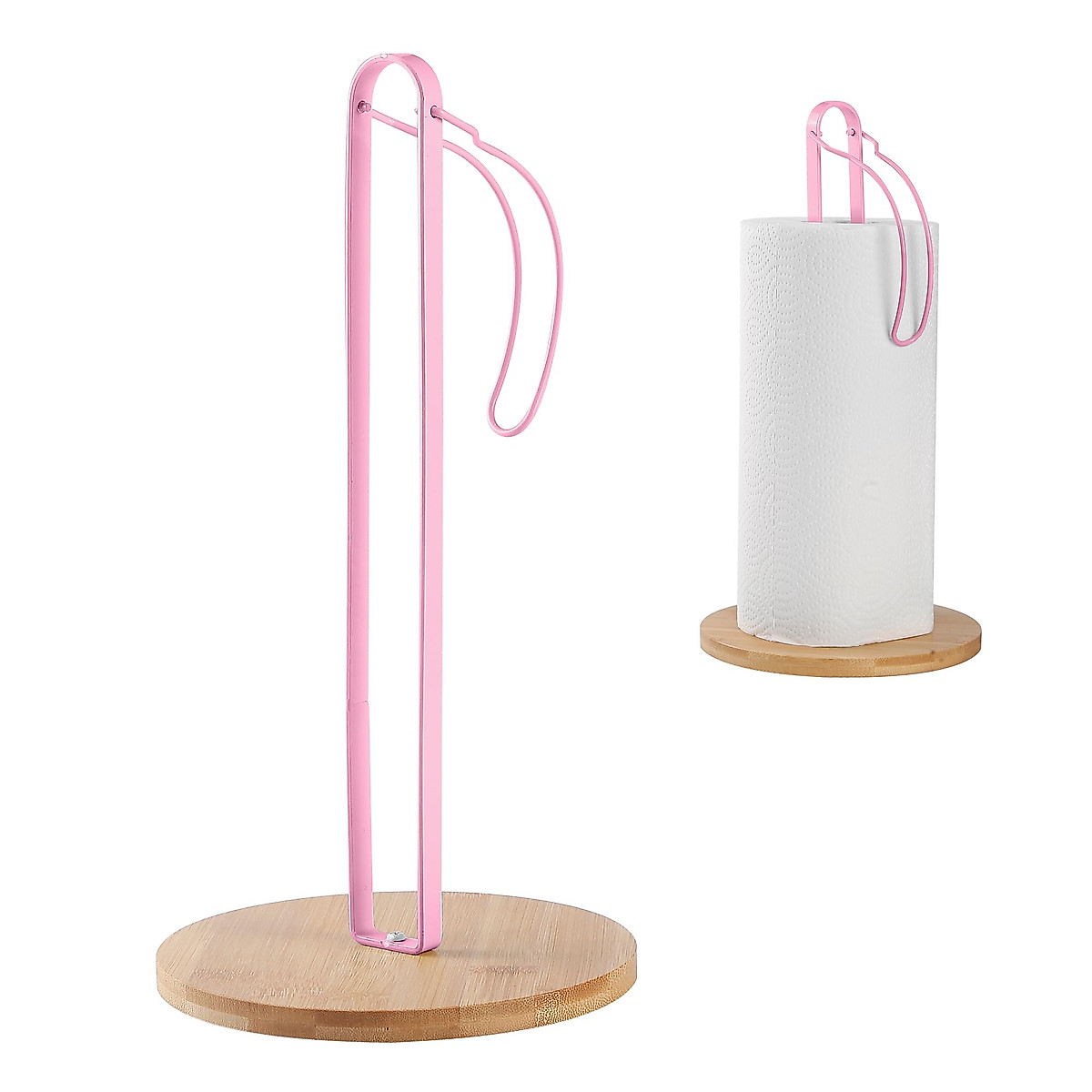 TONLEA Wood Paper Towel Holder with Fixer, Paper Towel Holder Countertop, Kitchen Towel Holder Free-Standing with Fixed or Non-Slip Wooden Base-Pink