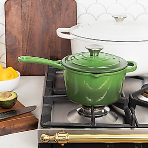 Larder & Vine 2.2 Quart Enameled Cast Iron Saucepan with Lid, Cast Iron Pan with Pour Spouts, Ergonomic Handle, Helper Handle, Stainless Steel Knob, Self-Basting Lid with Drip Bumps (Okra)