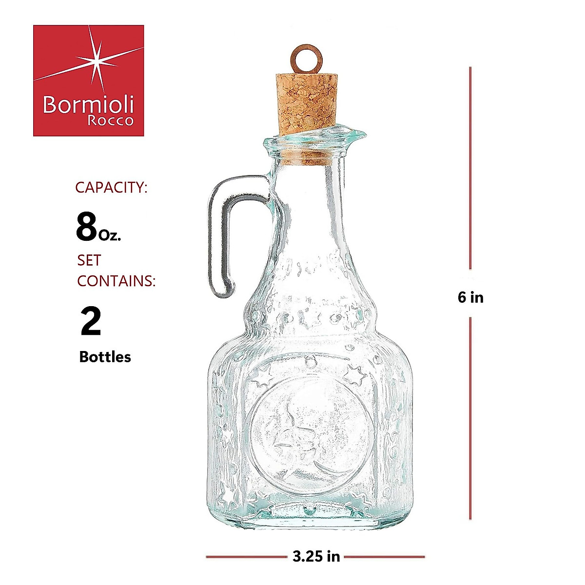 Bormioli Rocco Set Of 2 Country Home Helios Oil Bottle, 8-ounce With All Natural Cork Lid, Blue-green Tinted Star Glass, Elegant And Floral Design Made In Italy.