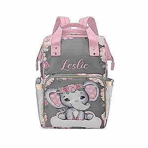 Newcos Personalized Baby Elephant with Blooming Rose Flowers Diaper Bag Nursing Baby Bags Nappy Bag Casual Travel Daypack for Mom Gifts