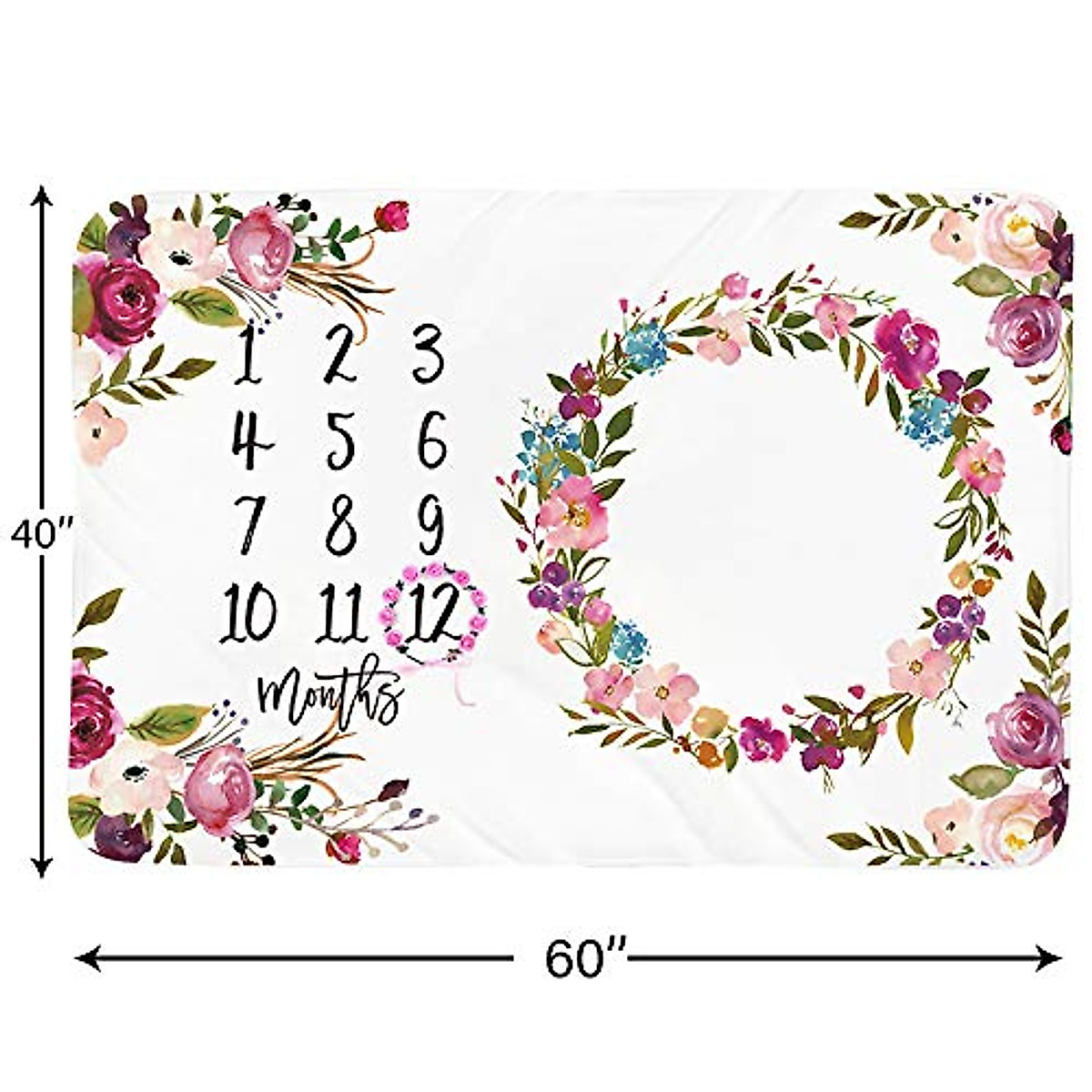 Baby Monthly Milestone Blanket Girl - Large 60''x40'' Floral Plush Fleece Photography Background Prop Newborn Soft Wrinkle-Free Flower Blanket Bonus Wreath Headband