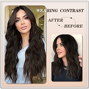 DeeThens Clip in Hair Extensions Long Dark Brown Hair Extensions for Women Wavy Synthetic Thick Hair Extensions Full Head Invisible 3pcs (Dark Brown)