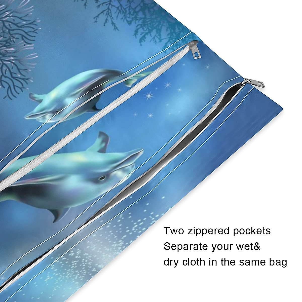 2pcs Underwater Dolphins Cloth Diaper Wet Dry Bag Waterproof Reusable Wet Dry Organizer,Sea Fishes Coral Washable Wet Bag with Two Zippered Pockets for Travel Beach Gym Swimsuits Toiletries