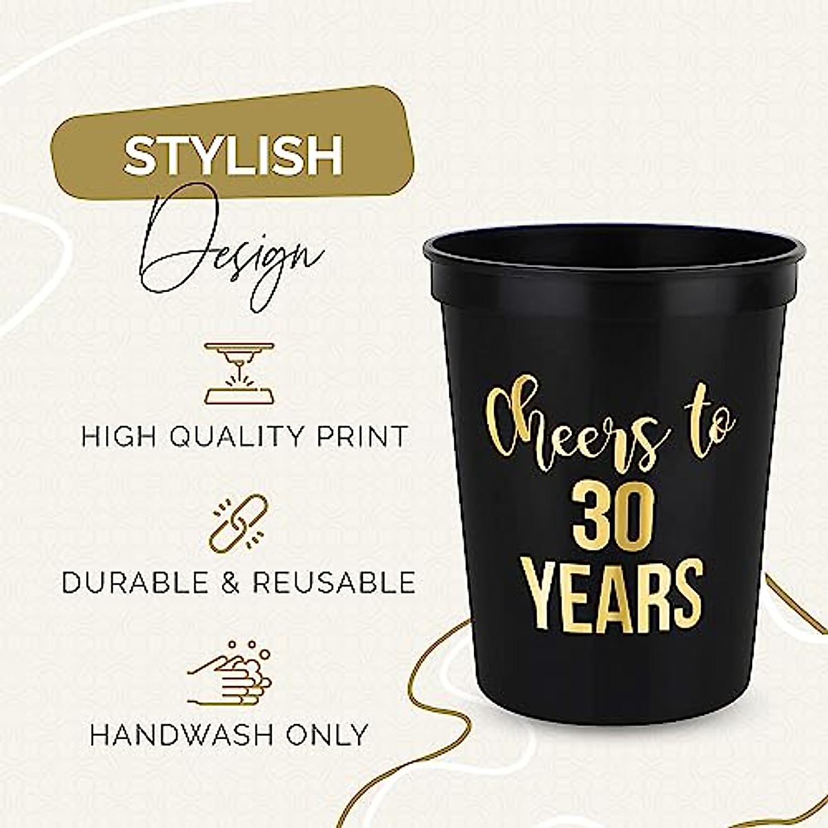 Cheers to 30 Years Cups, 30th Birthday Party Cups, Set of 12, 16oz Black and Gold Stadium 30th Birthday Cups, Perfect for Birthday Parties, Birthday Decorations