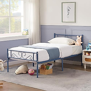 VECELO Twin Size Bed Frame with Headboard, 14 Inch Metal Platform Mattress Foundation, No Boxing Spring Needed, Squeak Resistant, Easy Assembly, Sky Blue