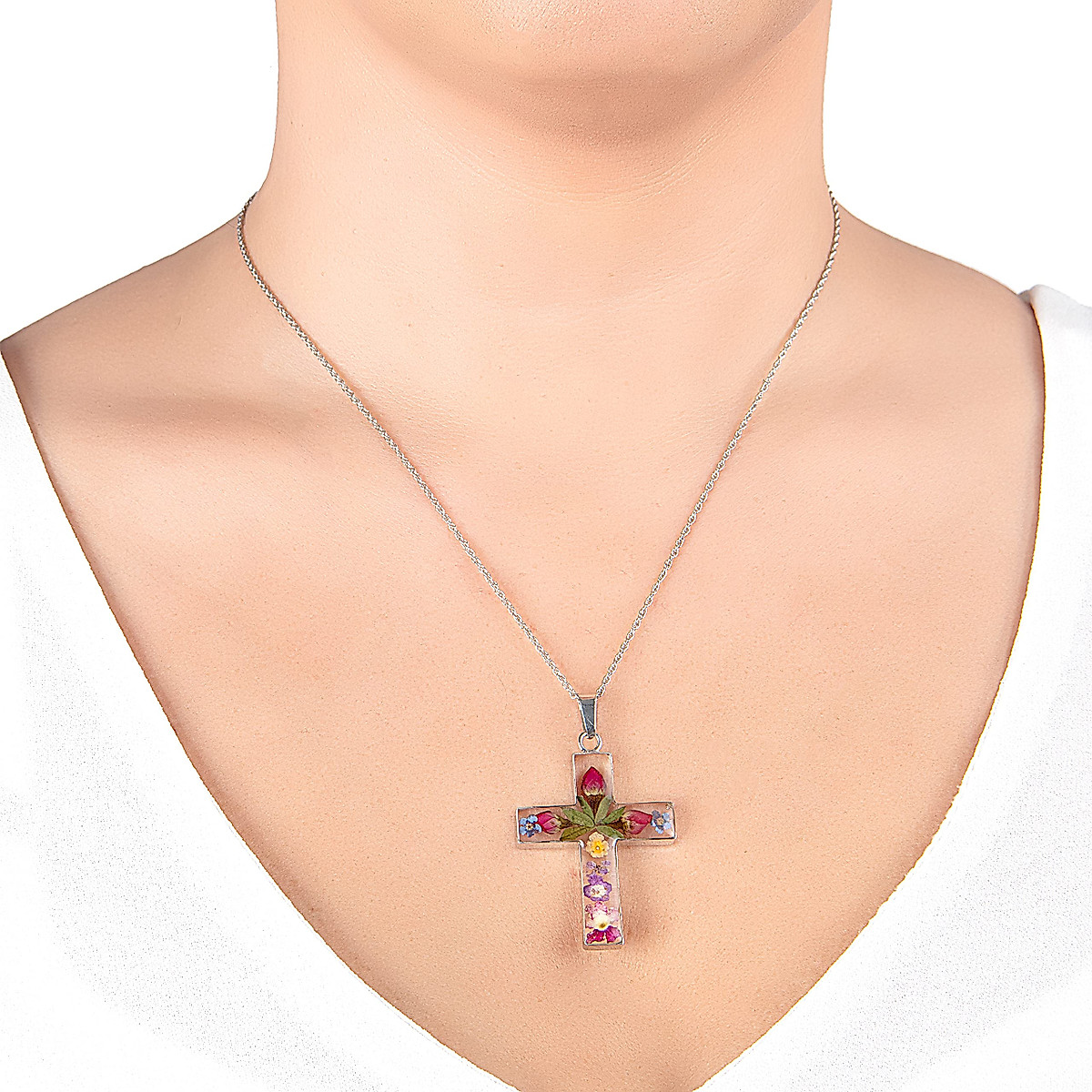 Amazon Essentials Sterling Silver Pressed Flower Multi-Colored Cross Pendant Necklace, 18" (previously Amazon Collection)