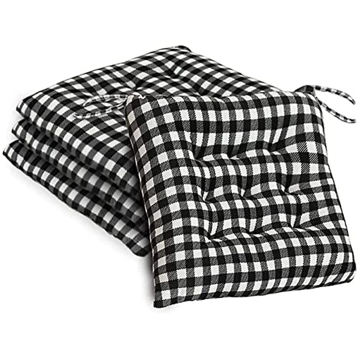 AKSTRN Black and White Plaid, Set of 4 Buffalo-Checked Chair Pads for DiningKitchen Chairs Seat Cushions for Outdoor Patio with Ties, 16 x 16 Inches Chair Cushion, 4 Pack