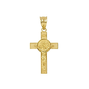 Saint Collection Solid 14k Yellow Gold St. Benedict Crucifix Cross Charm Pendant (1.10")