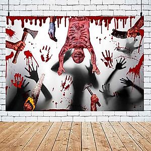MEHOFOND 7x5ft Halloween Bloody Backdrop Halloween Horrible Party Photography Background Bloody Hand Bloody Body Axes Hammers Saws Knives for Halloween Scary Party Decorations Photo Booth Props