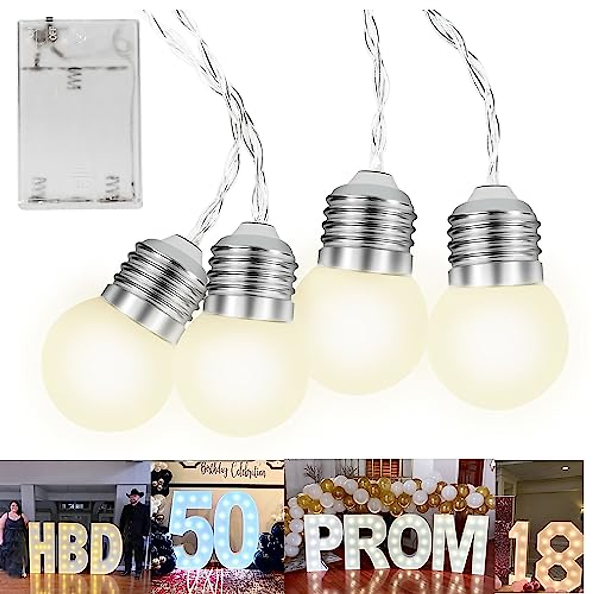 JoyBox Design String Lights Marquee Light Up Letters Numbers 3 4 Foot Tall 12FT with 12 Battery Operated LED Bulbs G40 for Indoor Outdoor Party Wedding Christmas Decorations