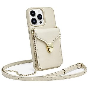 JLFCH ROMIELA for iPhone 14 Pro Max with Crossbody Chain Wrist Strap Card Holder 6.7 inch - Beige
