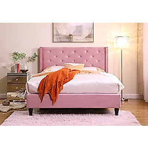 Oliver & Smith Astor - Upholstered 51" Tall Headboard Tufted Suede Velour Platform Bed/Mattress Foundation/Wood Slat Support/No Box Spring Needed/Easy Assembly/Pink/Full