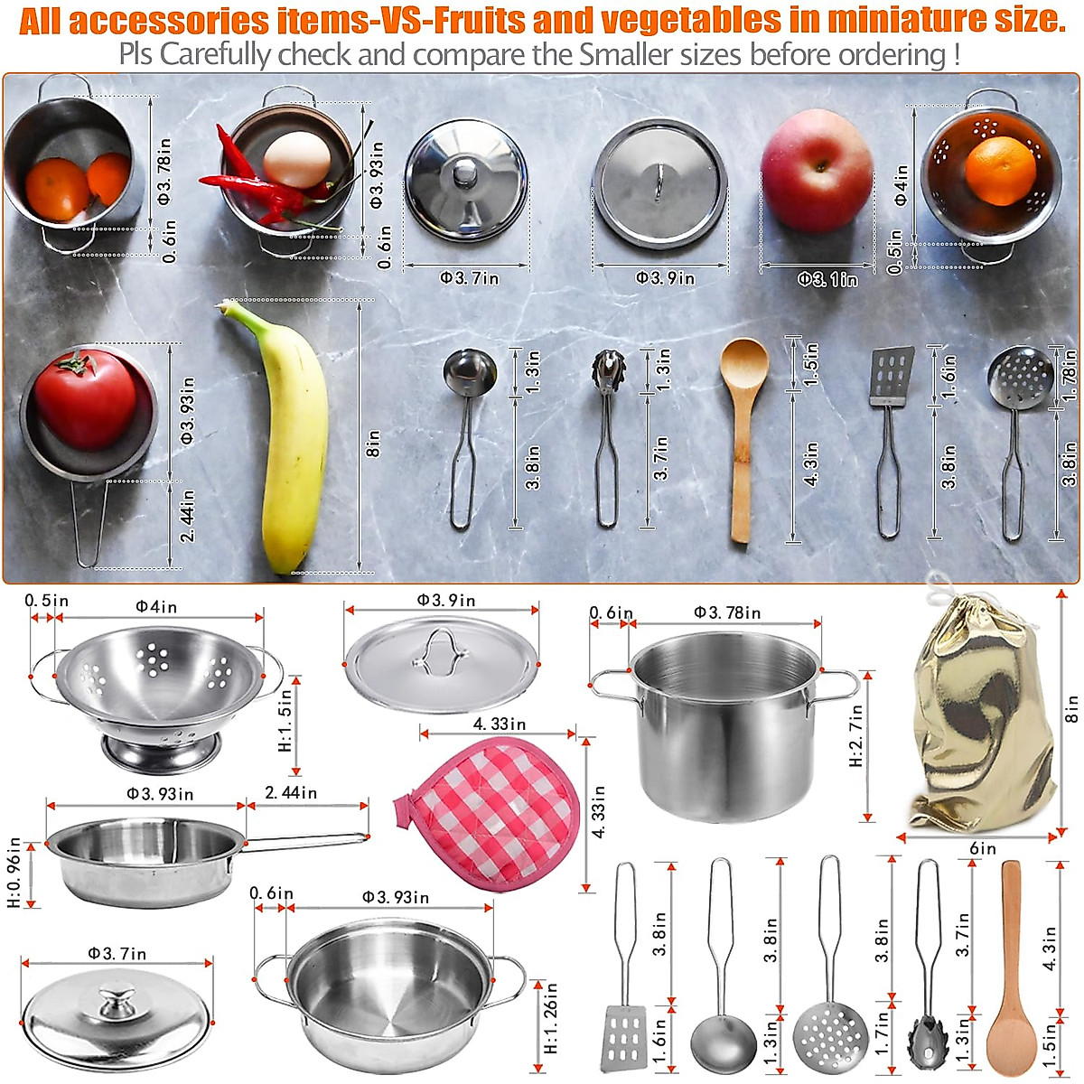 Play Pots and Pans Toys for Kids Kitchen Playset Pretend Cookware Utensils Play Set Play Cooking Toys Mini Stainless Steel Cooking Utensils Toys Kitchen Playset Accessories for Boys Girls