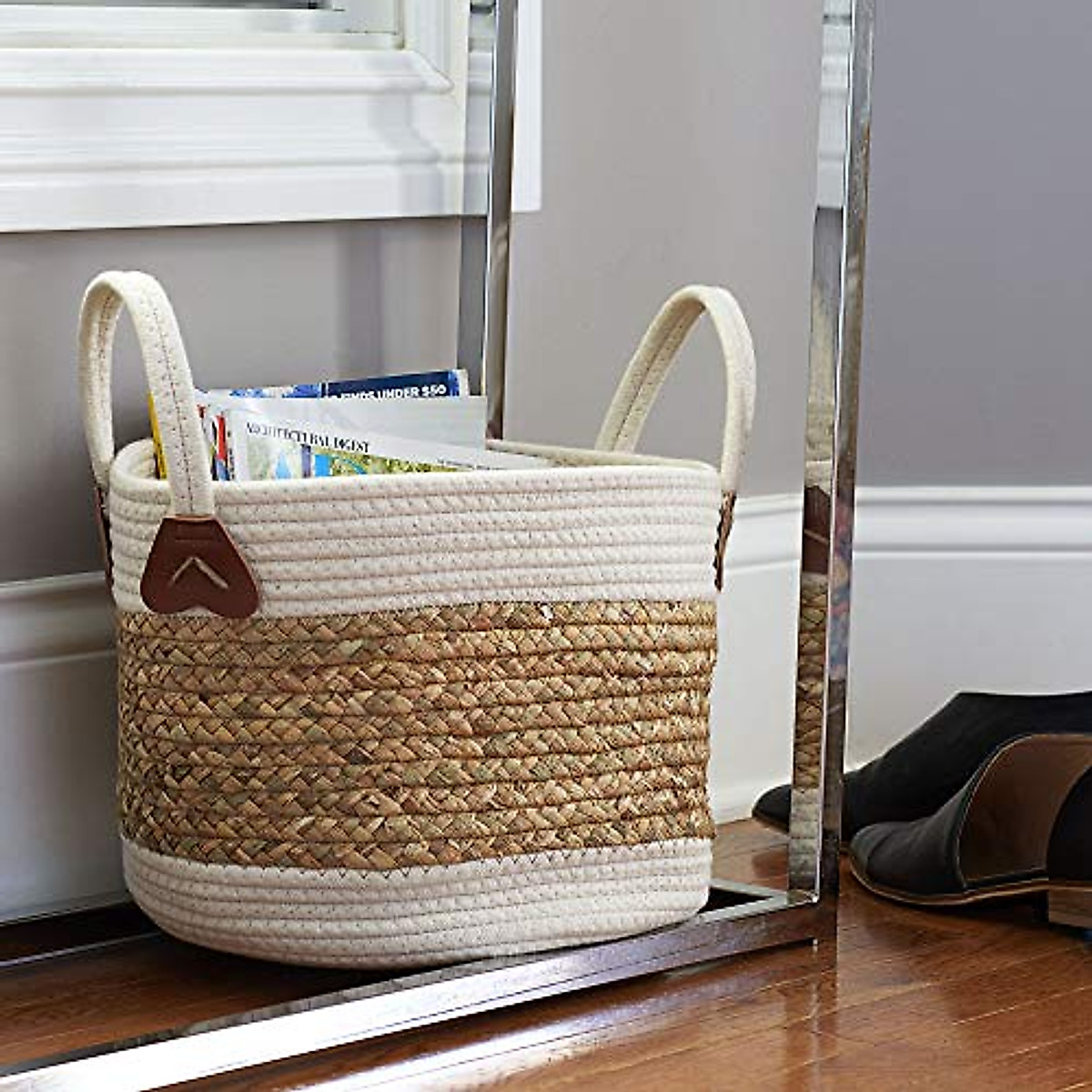 Household Essentials White and Brown Woven Cotton Rope and Hyacinth Basket