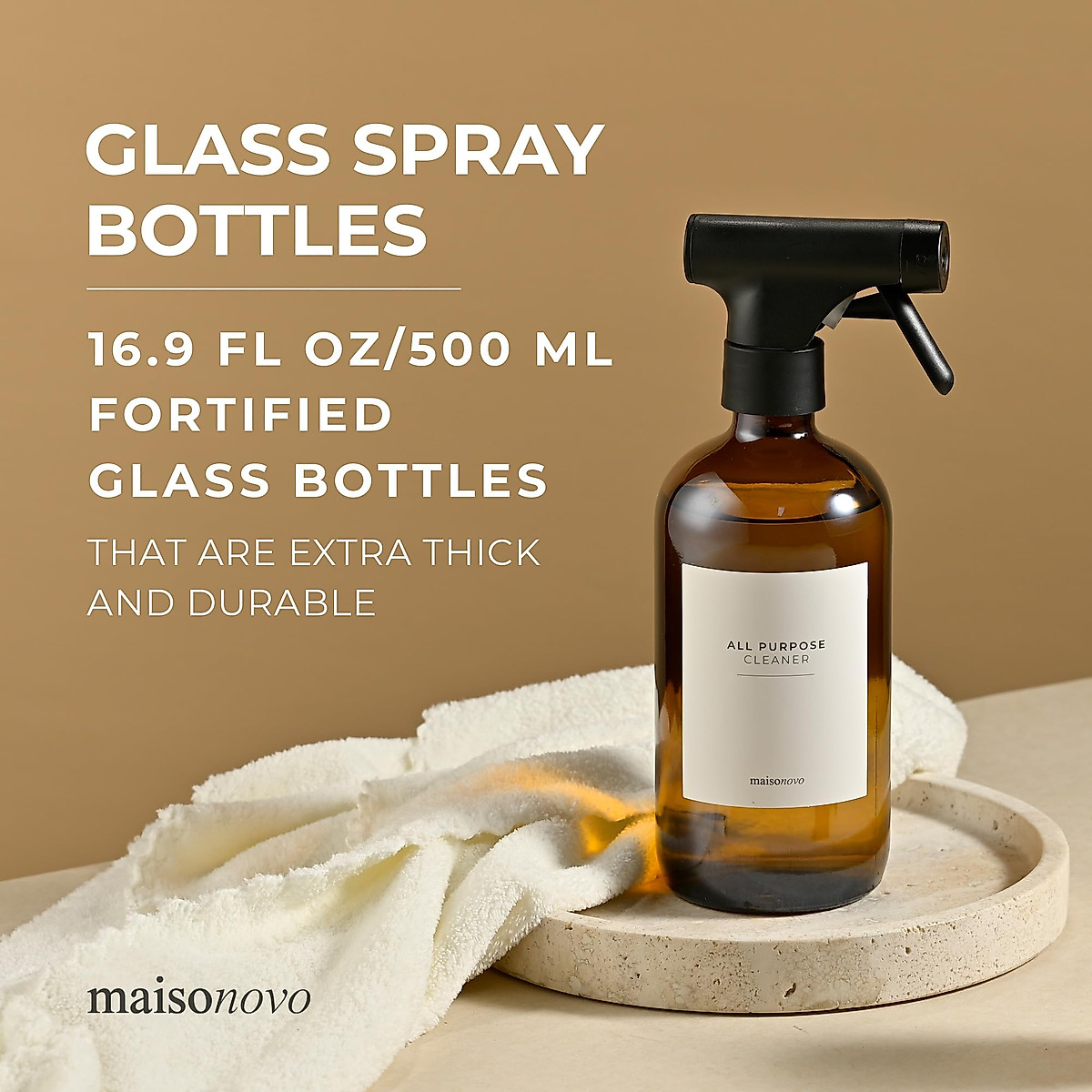 MAISONOVO Glass Spray Bottle - 16.9 fl oz Amber x 2 with 16 Labels