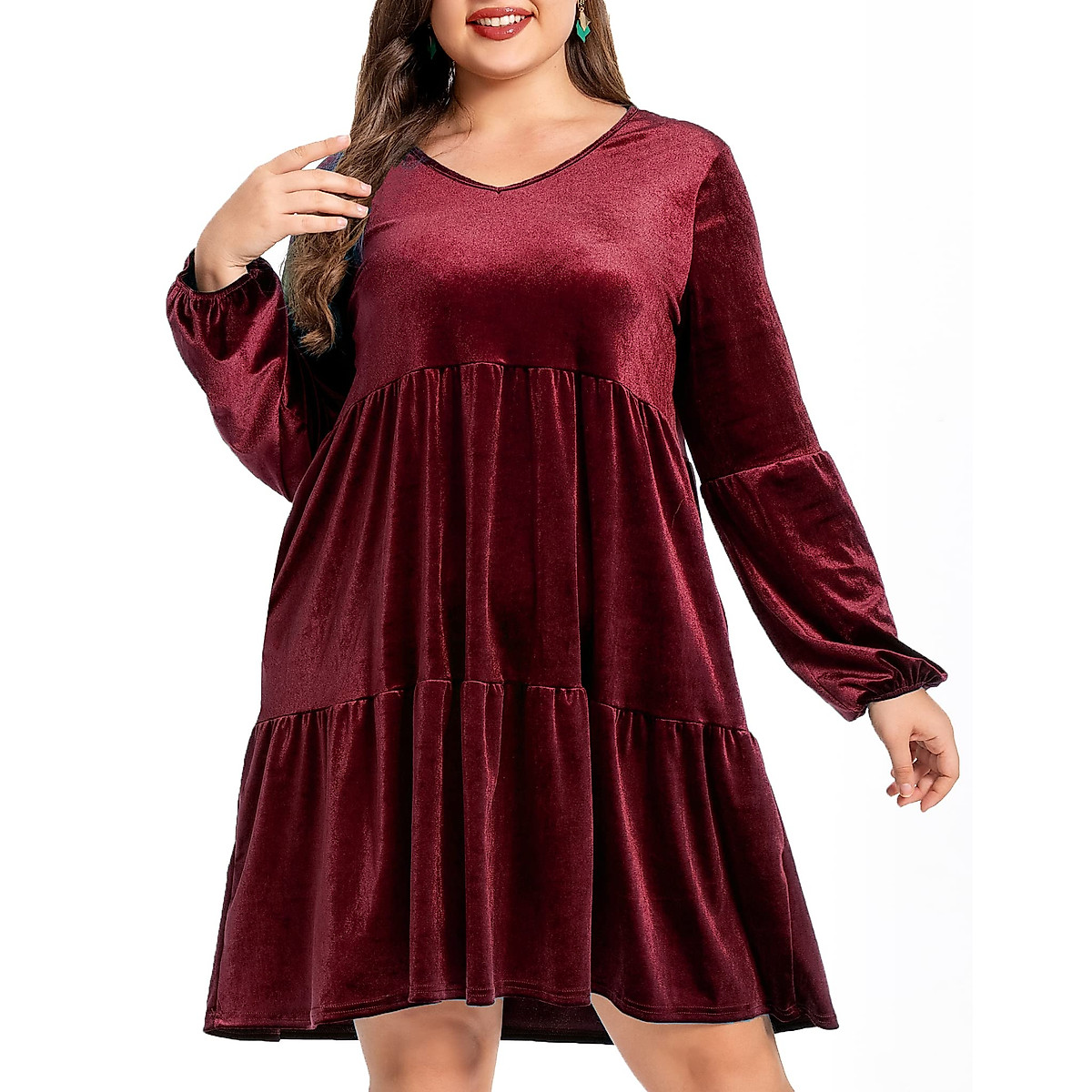 EORANF Womens Plus Size Velvet Dress Long Sleeve Christmas High Waist Dresses Ruched V Neck Tea Party Dress Wine Red 3XL