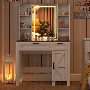 usikey Farmhouse Makeup Vanity Desk with Mirror and Lights, Glass Tabletop Makeup Vanity with Adjustable Shelves, Vanity Table Set with 2 Drawers and Side Cabinet for Bedroom, White