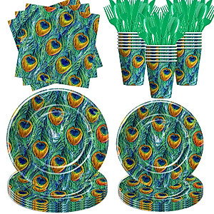 Xenorik Peacock Feather Party Decorations Tableware - Peacock Birthday Party Supplies, Plate, Cup, Napkin, Cutlery, Zoo Bird Peacock Theme Table Decorations For Bridal Baby Shower Wedding | Serve 24
