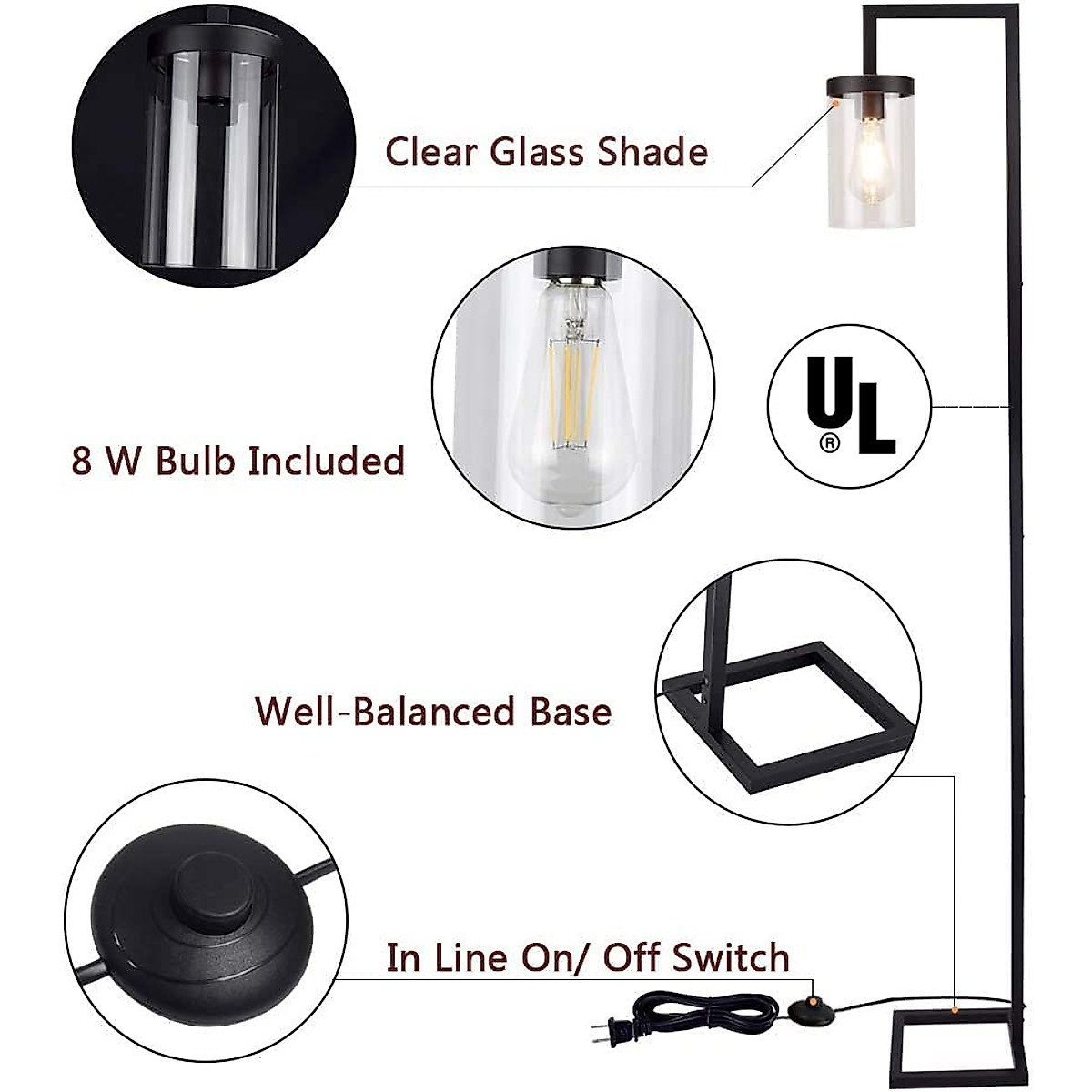 Depuley Industrial Floor Lamp, Modern Metal Standing Lamp with Hanging Glass Shade, Rustic Farmhouse Tall Pole Reading Lighting for Living Room Bedroom Office, 8W LED E26 Bulb Included, Black