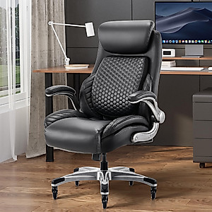 Office Chair Ergonomic Desk Chair with Pop-Out Lumbar Support, High Back Executive Chair, Upgraded Casters, Adjustable Headrest, Flip-Up Arms, Leather Home Chair with Thick Cushion for Comfort-Black